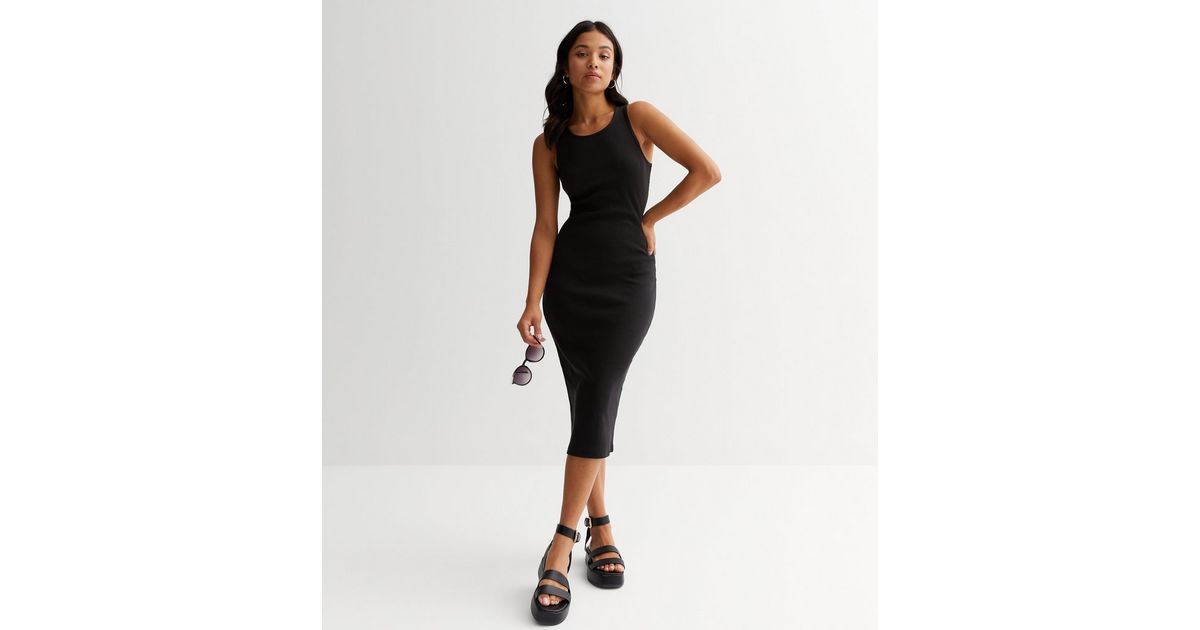 Petite Black Ribbed Racer Midi Dress | New Look