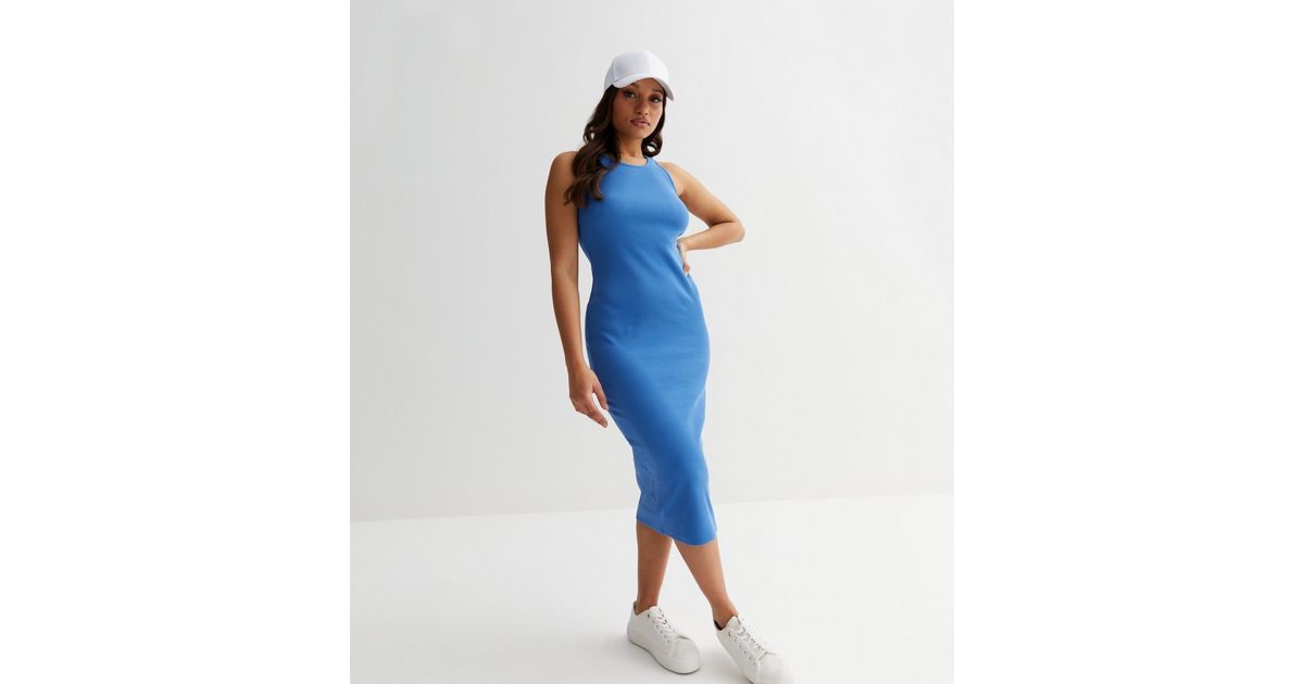 Petite Blue Ribbed Racer Midi Dress | New Look
