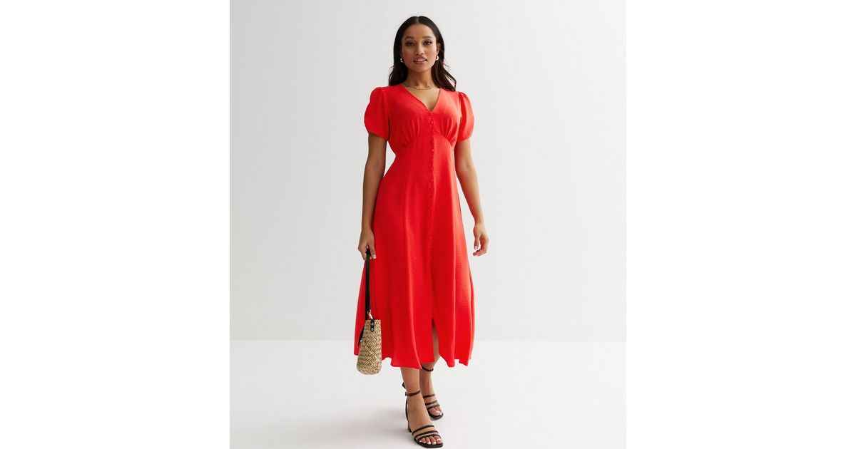 Petite Red Button Front Midi Dress | New Look