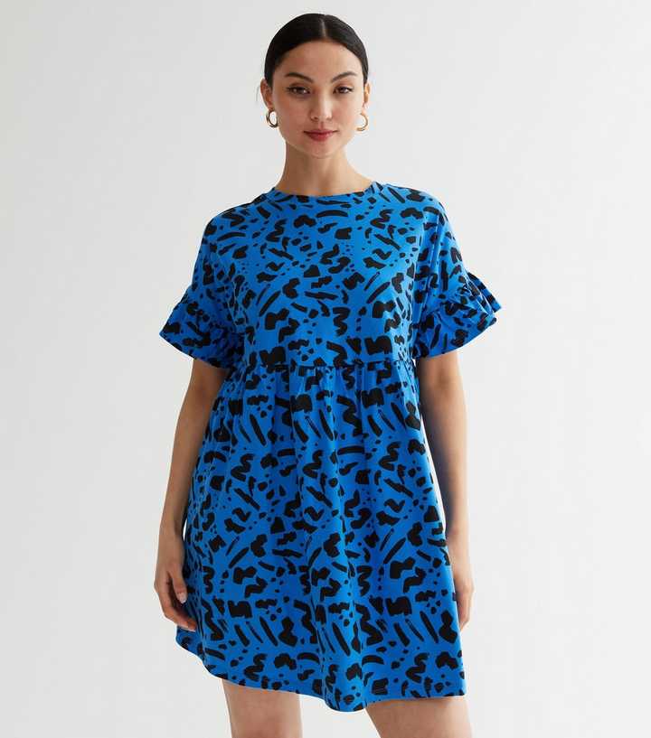 Petite Blue Mark Making Jersey Frill Mini Dress | New Look