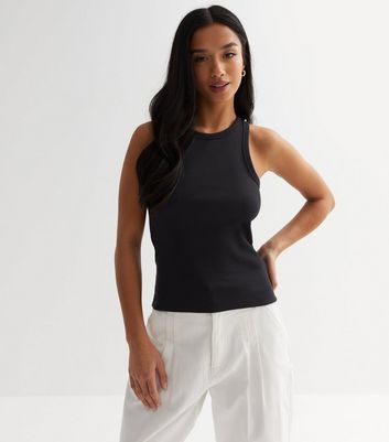 Petite Black Ribbed Jersey Racer Vest | New Look