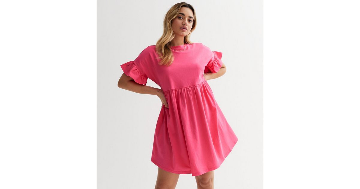Petite Pink Jersey Frill Mini Smock Dress | New Look