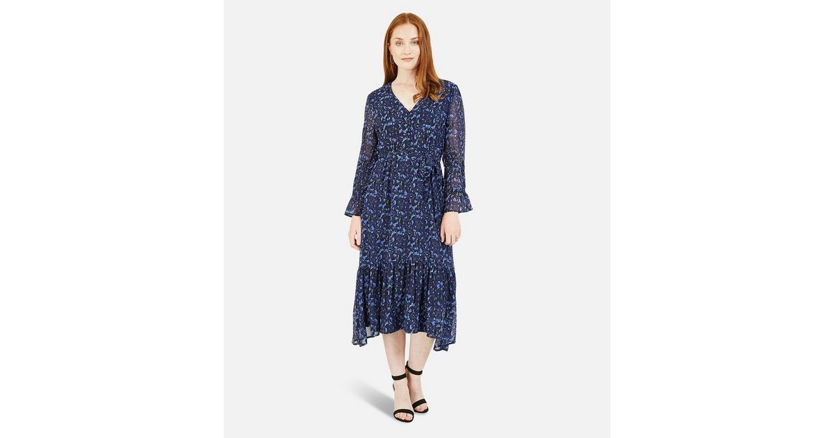 Yumi Blue Animal Print Long Sleeve Frill Hem Midi Dress | New Look