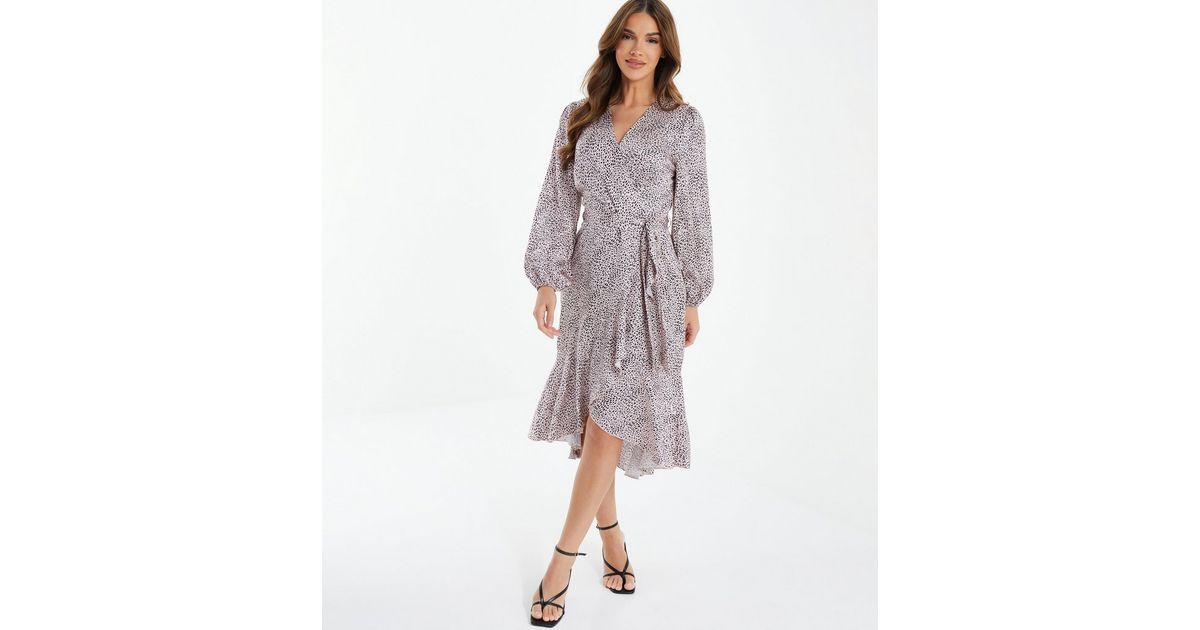 Quiz Pale Pink Leopard Print Satin Frill Hem Midi Wrap Dress New Look