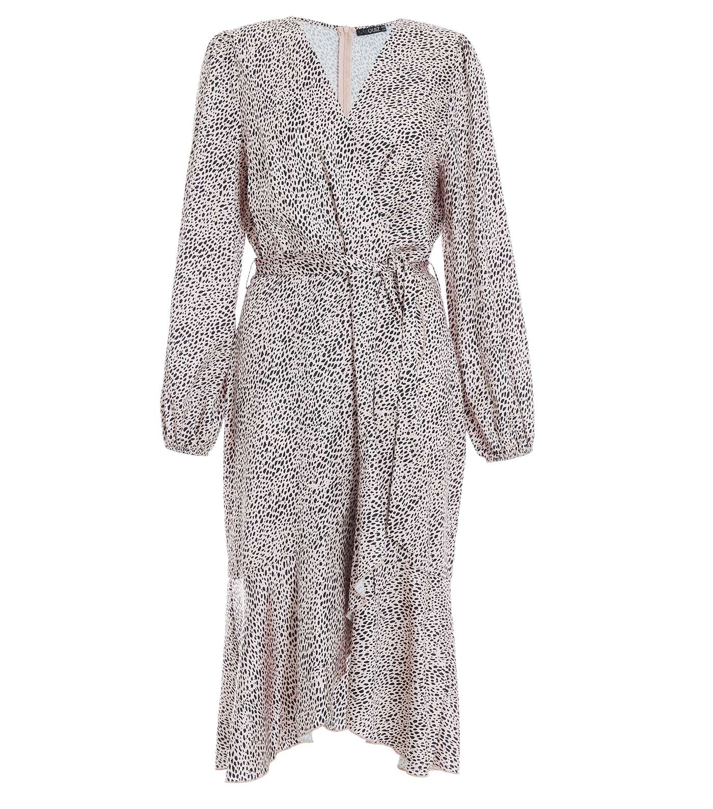Quiz Pale Pink Leopard Print Satin Frill Hem Midi Wrap Dress New Look