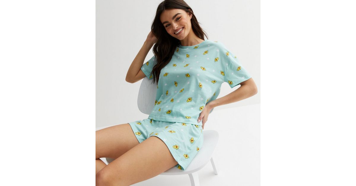 Green T-Shirt and Short Pyjama Set with Avocado and Star Print | New Look