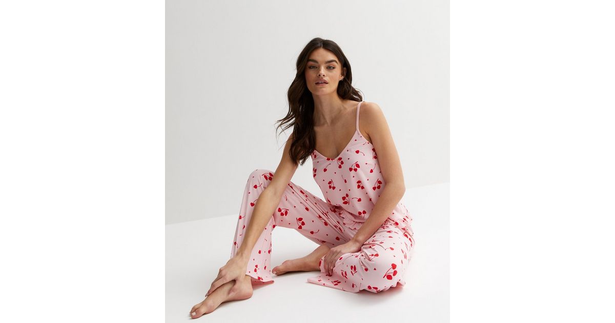 Pink Soft Touch Cami Pyjama Set With Cherry Print New Look