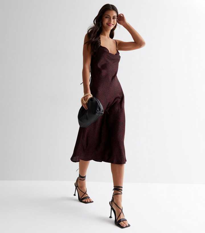 Influence Navy Spot Satin Cowl Neck Tie Back Midi Slip Dress | New Look