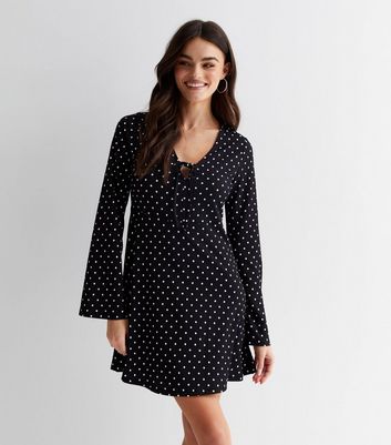 Black Spot Flared Sleeve Mini Dress | New Look