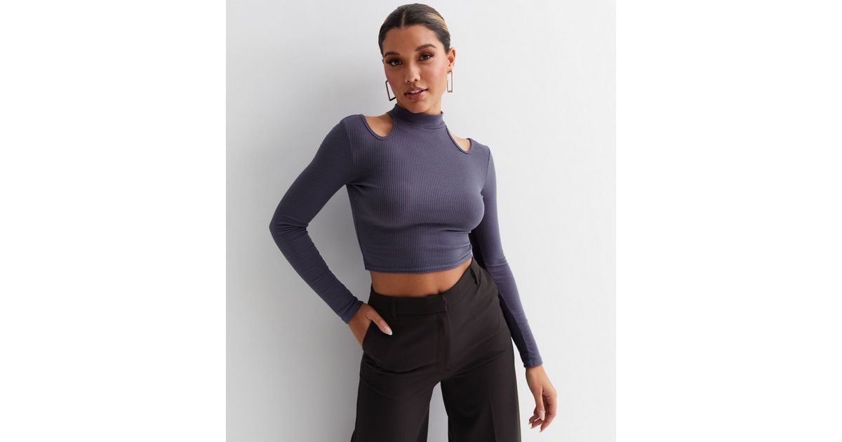 Dark Grey Jersey High Neck Cut Out Crop Top | New Look
