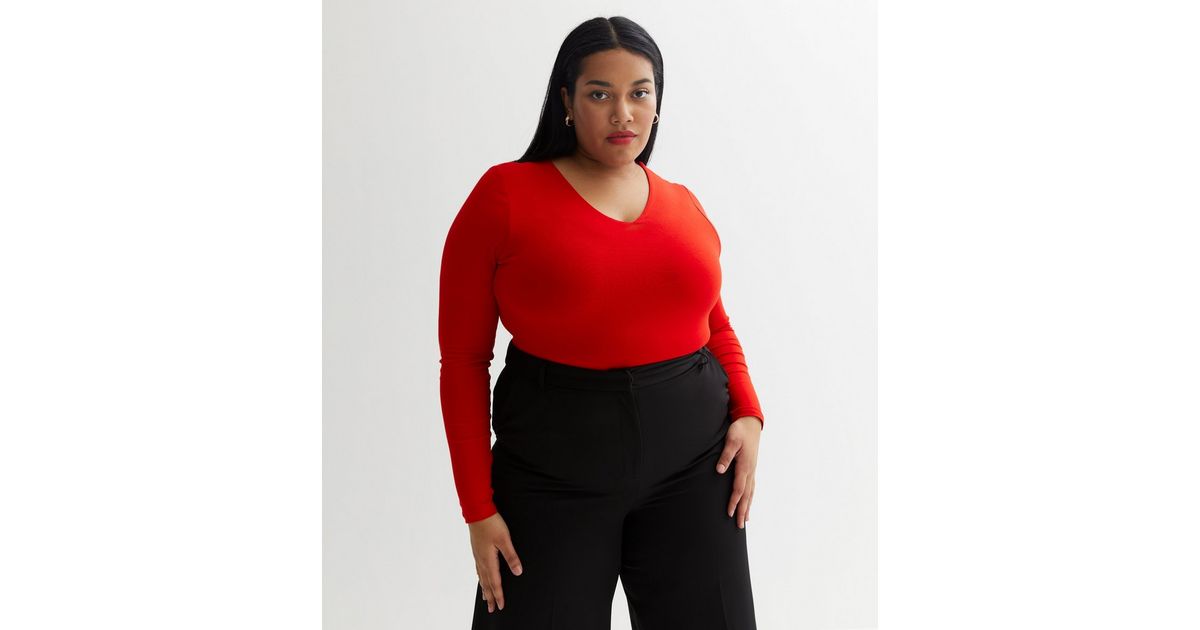 Curves Red Jersey V Neck Long Sleeve Bodysuit | New Look