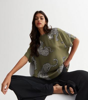 Green Leopard Print Oversized T-Shirt | New Look