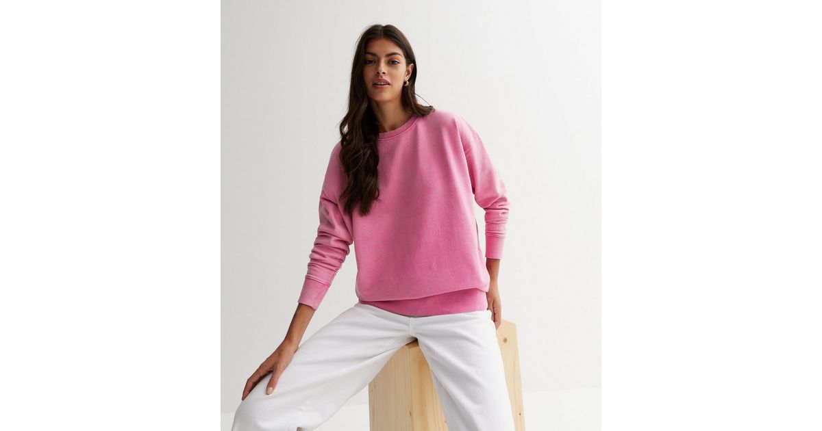 Bright Pink Acid Wash Crew Neck Sweatshirt | New Look