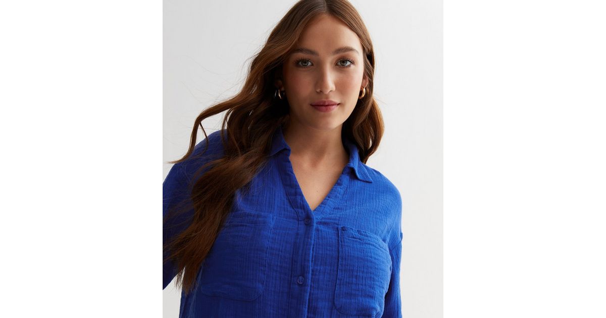 Bright Blue Button Front Crop Shirt | New Look