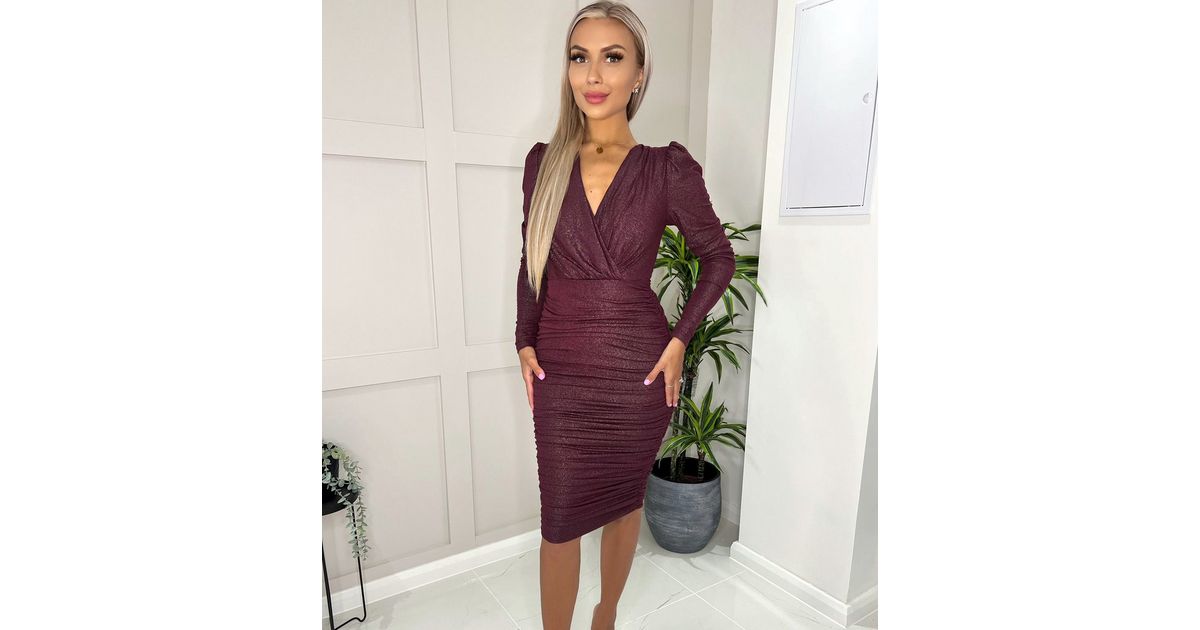 AX Paris Dark Purple Glitter Midi Wrap Dress | New Look
