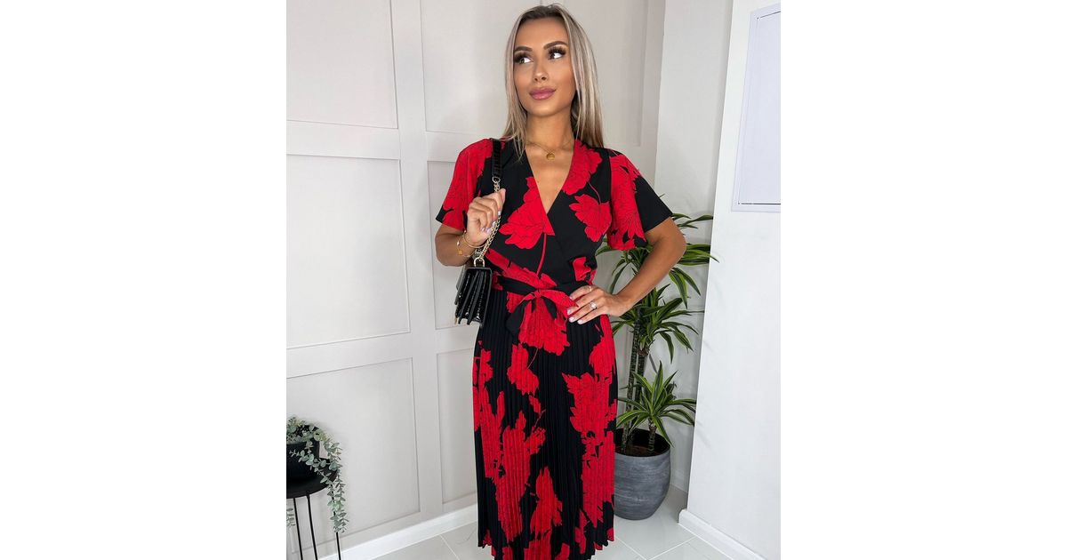 AX Paris Red Floral Pleated Midi Wrap Dress | New Look