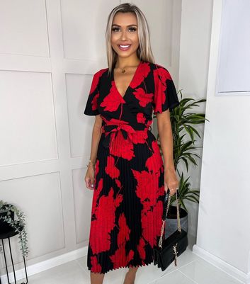 AX Paris Red Floral Pleated Midi Wrap Dress | New Look