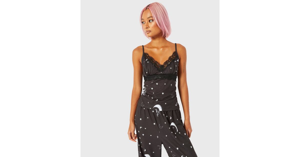 Skinnydip Black Lace Cami Pyjama Set with Celestial Print | New Look