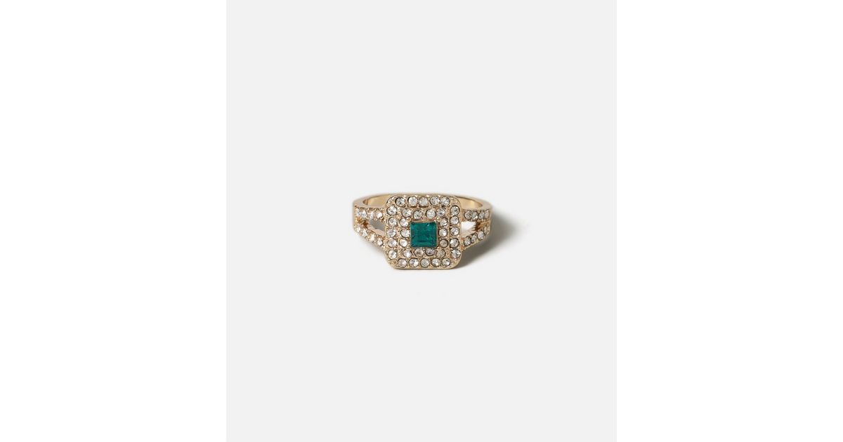 Freedom Dark Green Diamanté Square Gem Ring | New Look