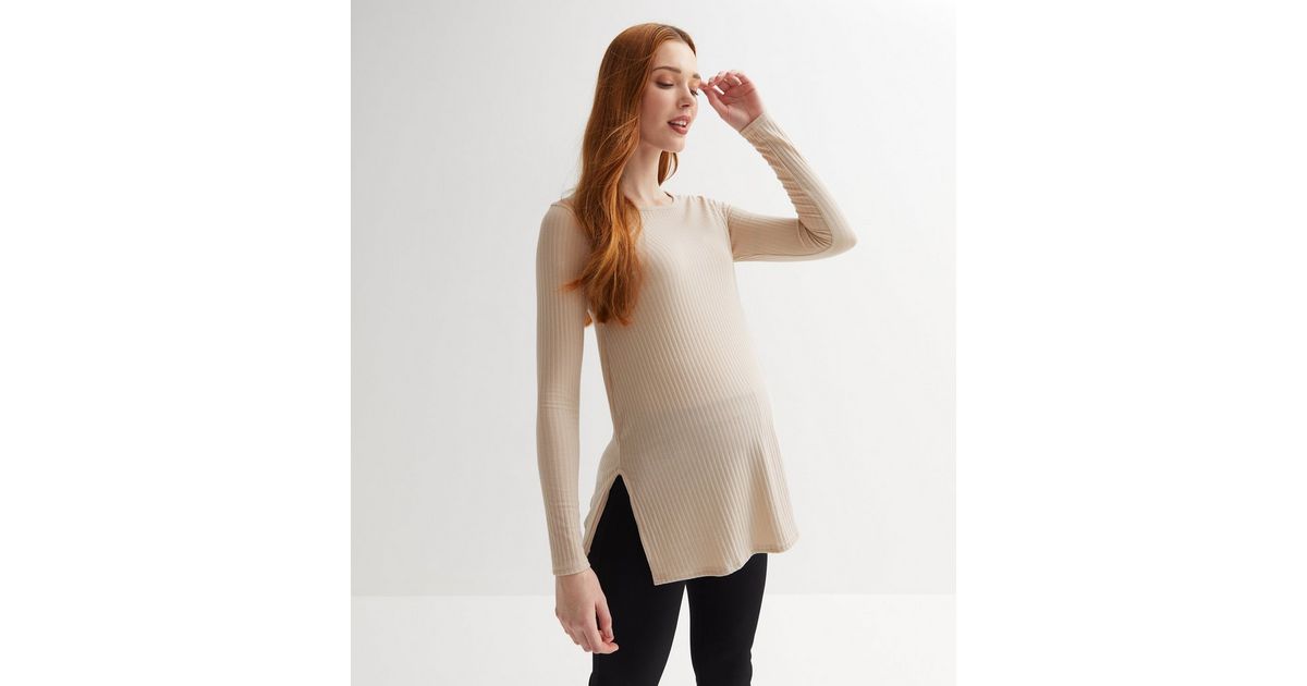 Maternity Stone Ribbed Long Sleeve Split Hem Top | New Look