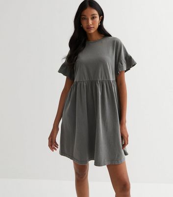 Dark Grey Acid Wash Jersey Frill Sleeve Mini Smock Dress | New Look
