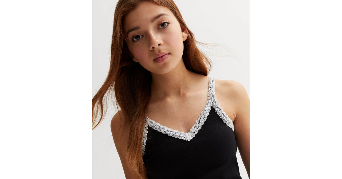 Girls Black Ribbed Jersey Lace Trim Cami New Look