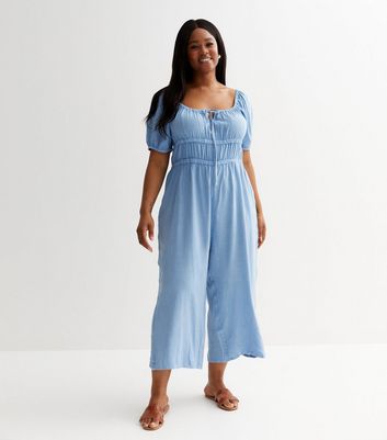 Curves Pale Blue Denim Tie Front Jumpsuit | New Look