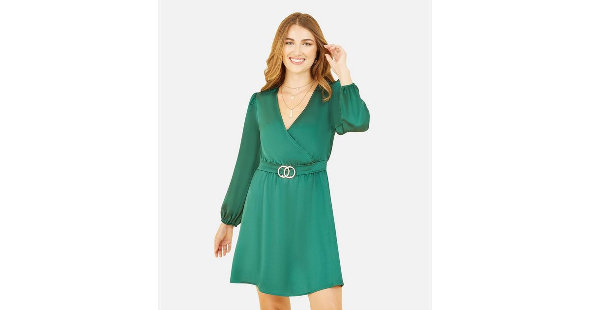 Mela Dark Green V Neck Long Sleeve Belted Mini Wrap Dress New Look
