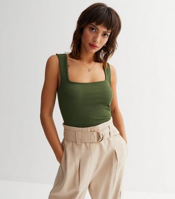 Olive Square Neck Ribbed Bodysuit | New Look