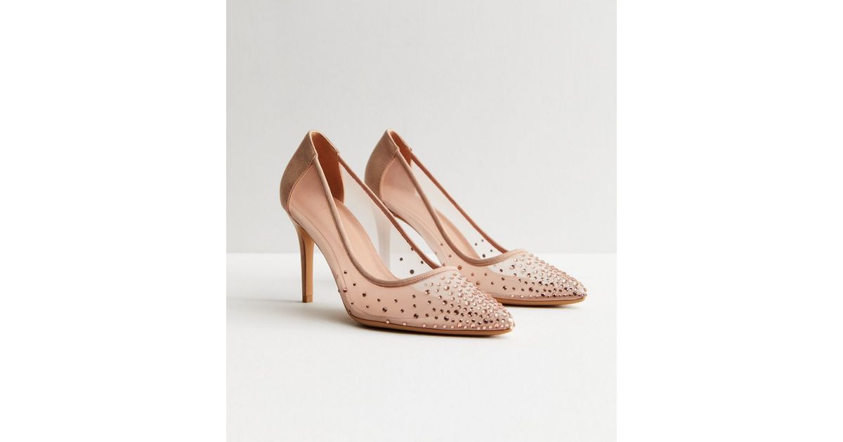 Pale Pink Mesh Embellished Stiletto Heel Court Shoes | New Look
