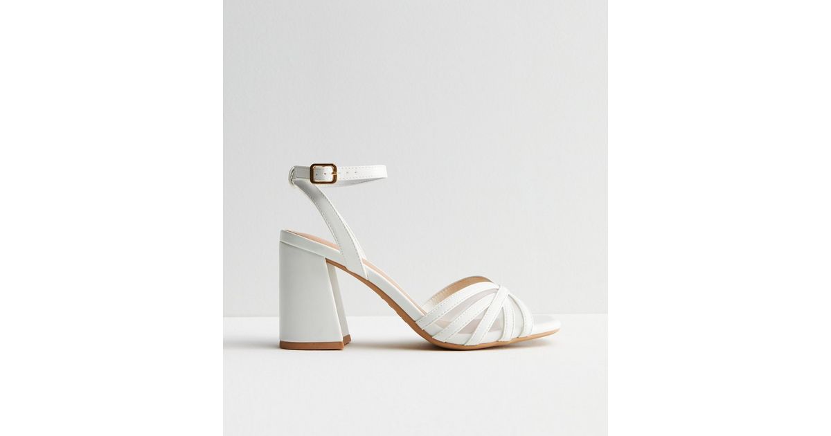 White Leather-Look Flared Block Heel Sandals | New Look