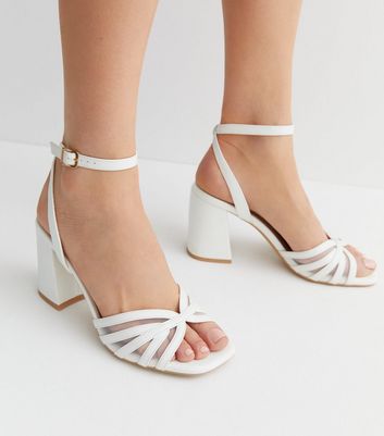 White Leather-Look Flared Block Heel Sandals | New Look