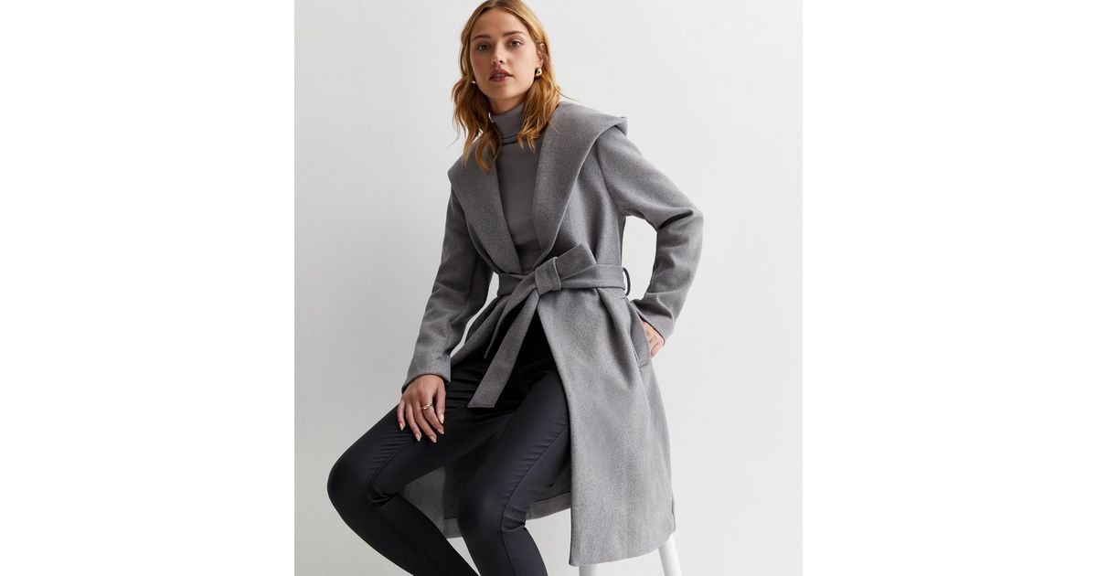 Grey Hooded Unlined Belted Coat | New Look