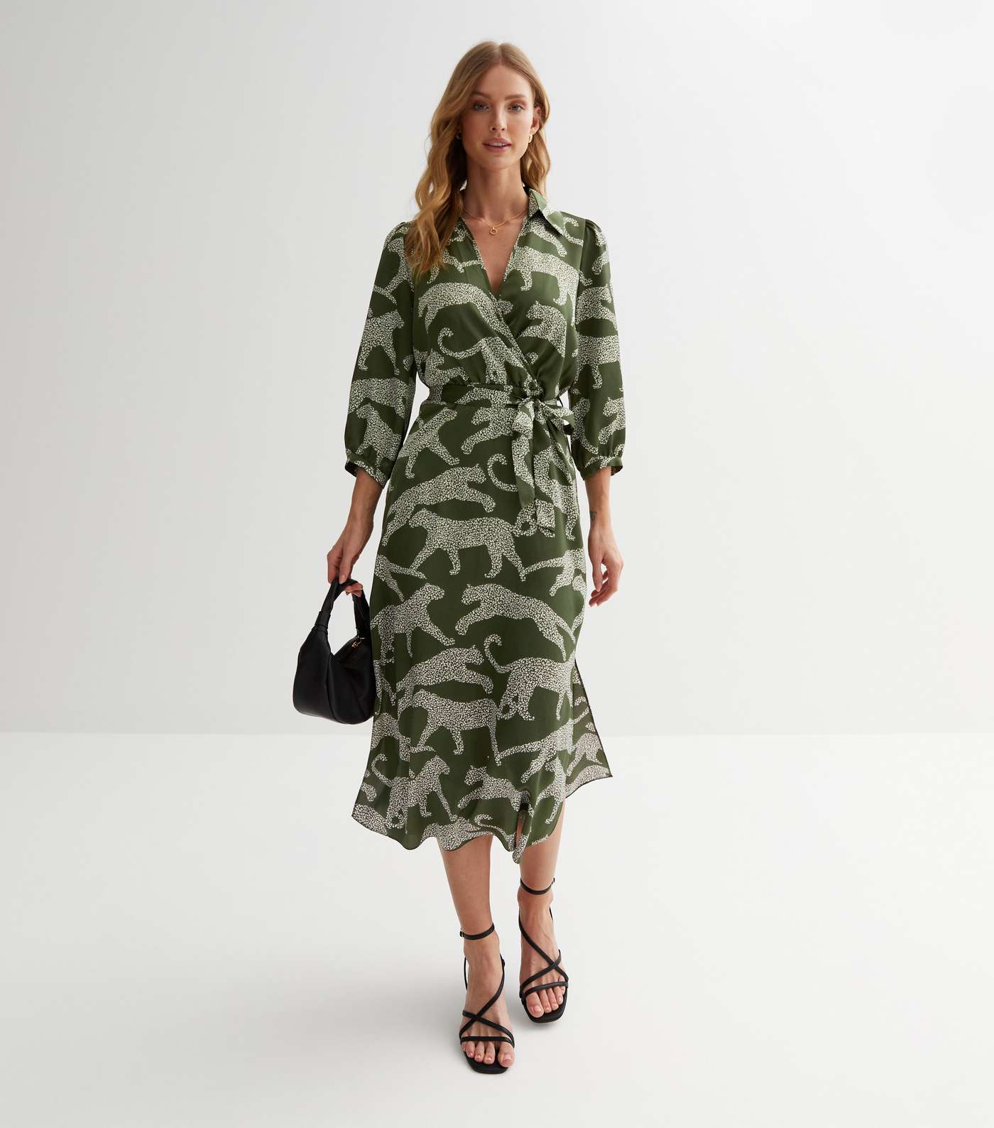 Green Leopard Print Collared Midi Wrap Dress New Look