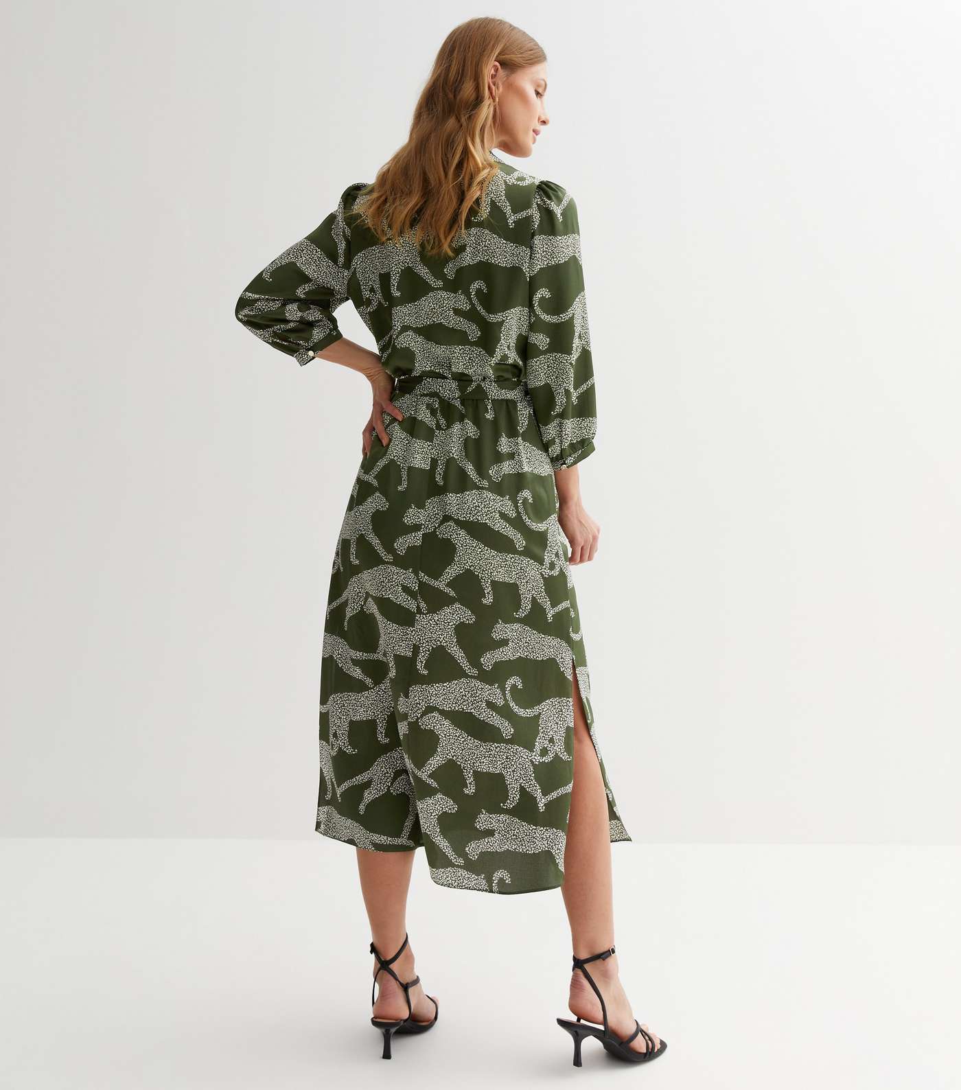 Green Leopard Print Collared Midi Wrap Dress New Look