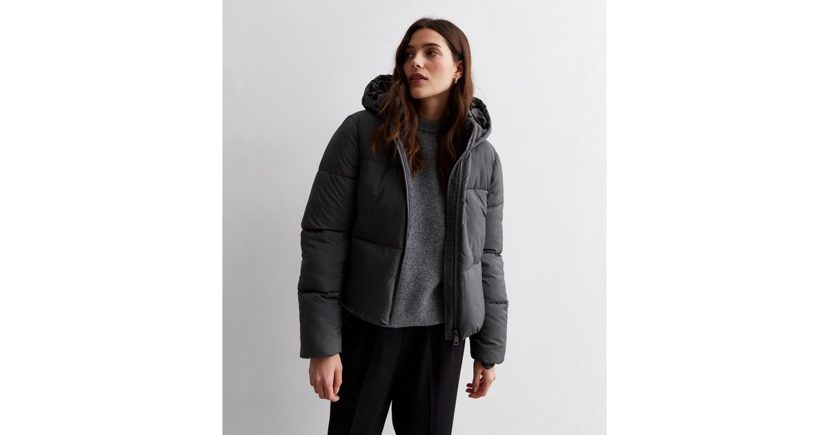 Dark Grey Hooded Puffer Jacket | New Look