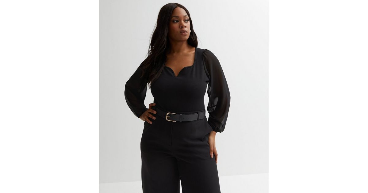 Curves Black Mesh Notch Neck Long Puff Sleeve Bodysuit New Look