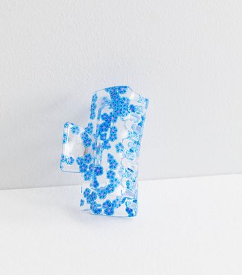 Bright Blue Floral Transparent Rectangle Claw Clip | New Look