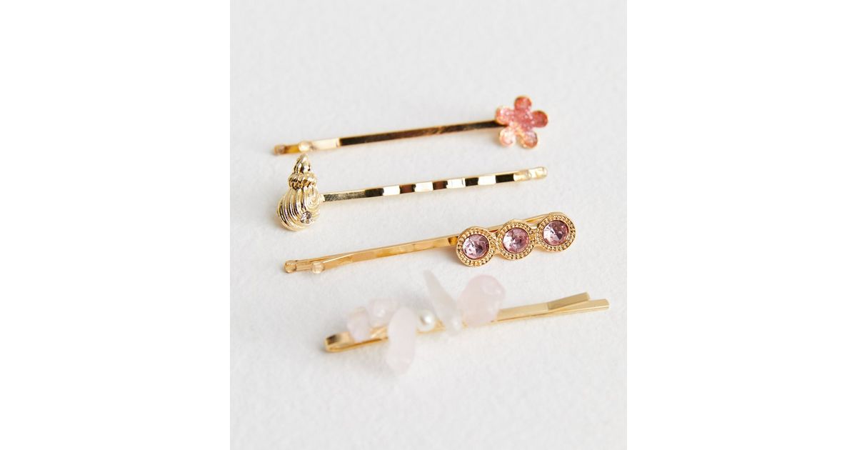 4 Pack Pink Shell Gem Hair Slides | New Look