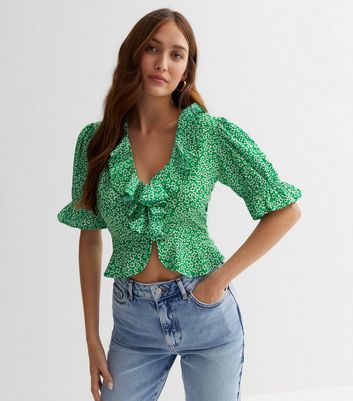 Green Ditsy Floral Ruffle Neck Blouse | New Look
