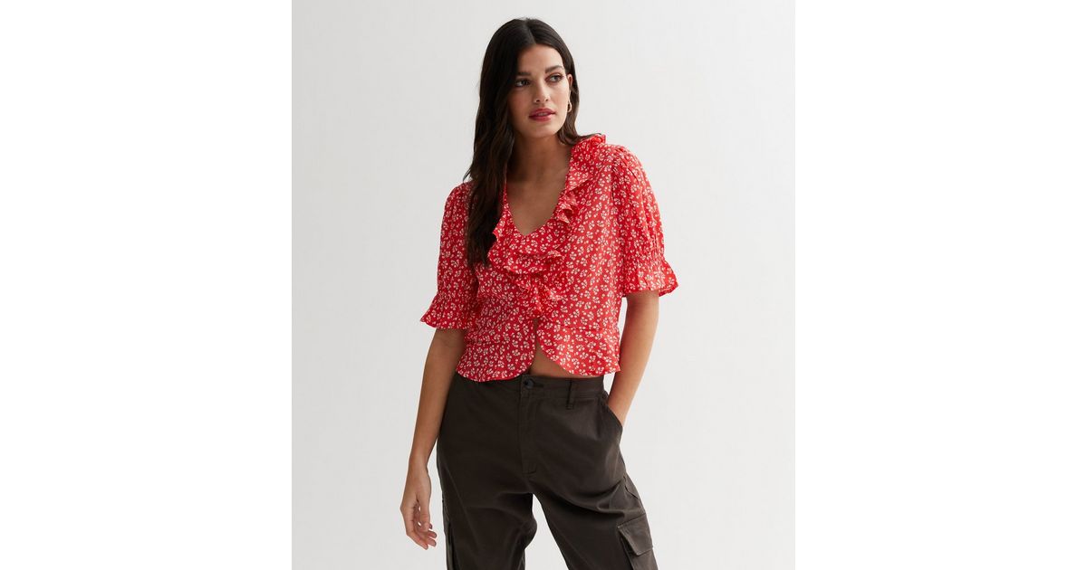 Red Ditsy Floral Ruffle Neck Blouse | New Look