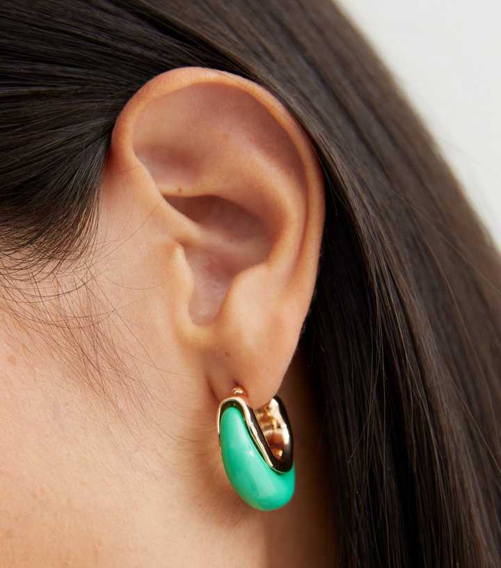 Green Enamel Tapered Hoops | New Look