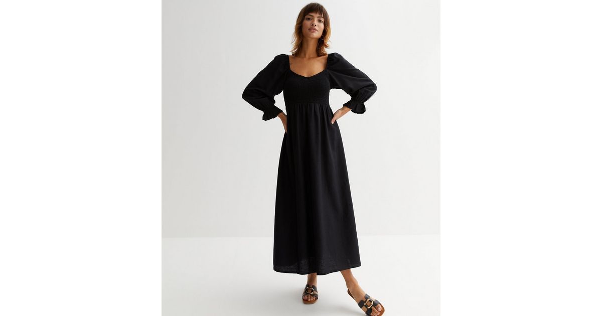 Black Shirred Long Sleeve Midaxi Dress | New Look