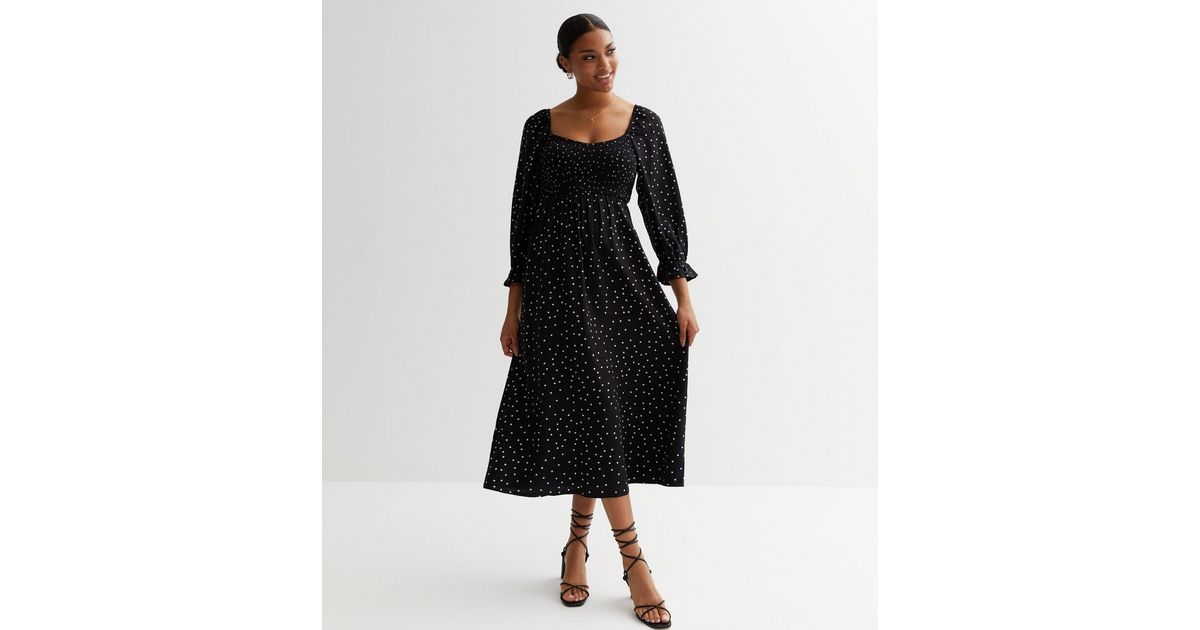 Black Spot Shirred Midi Dress | New Look
