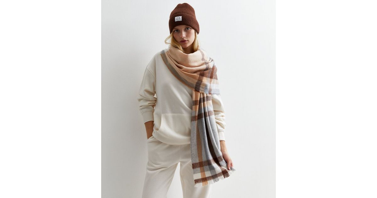 Light Brown Check Fray Hem Scarf | New Look