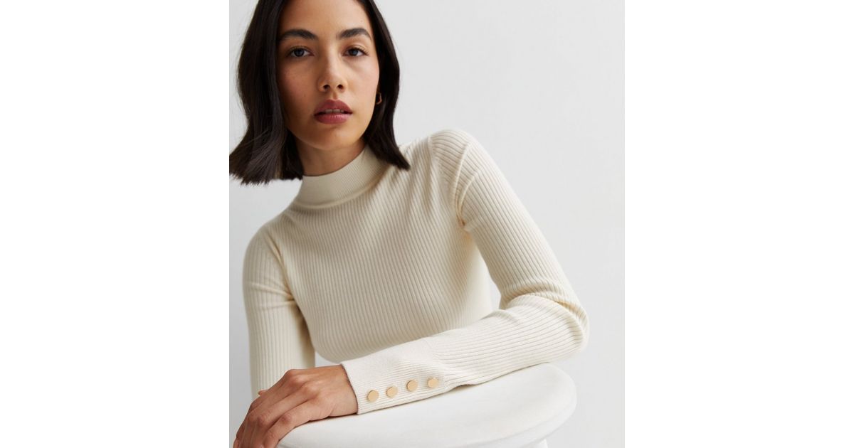 Off White Ribbed Knit Button Cuff Jumper | New Look