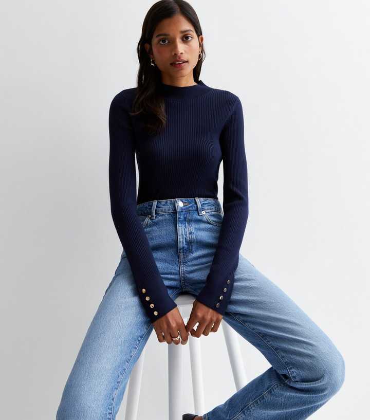 Navy Ribbed Knit Button Cuff Jumper | New Look