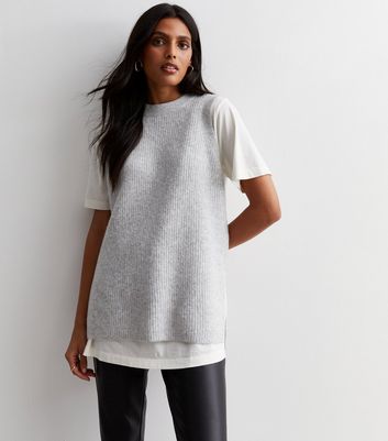 Pale Grey Ribbed Knit Split Hem Vest | New Look