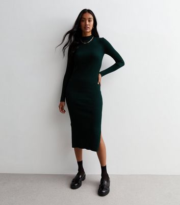 Dark Green Ribbed Knit Midi Dress | New Look