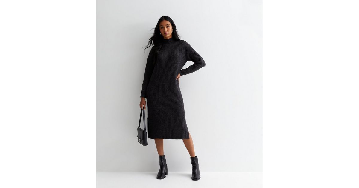 Dark Grey Ribbed Knit High Neck Midi Dress | New Look